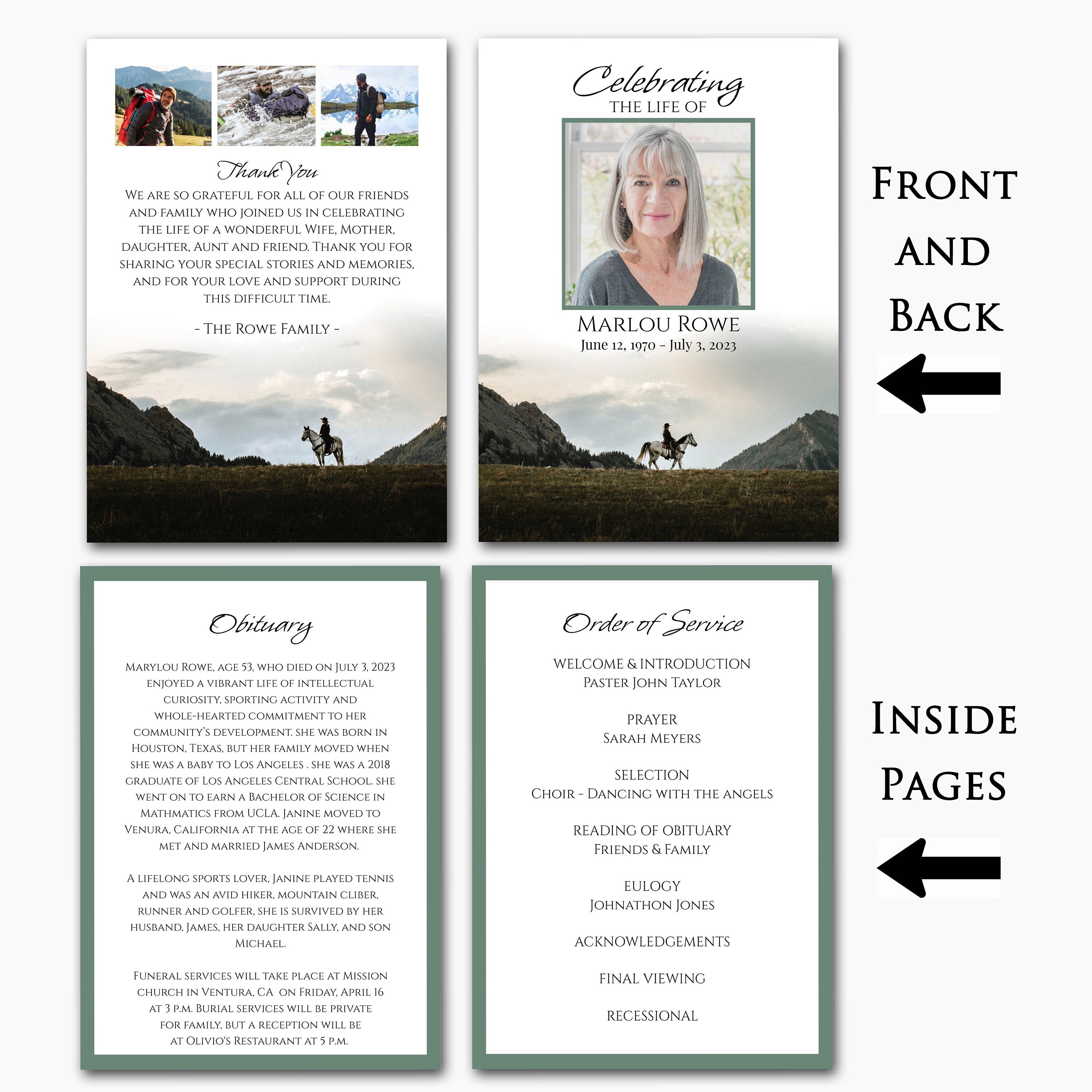 Editable Cowgirl Western Outdoors Horse Photo Memorial Funeral Program ...