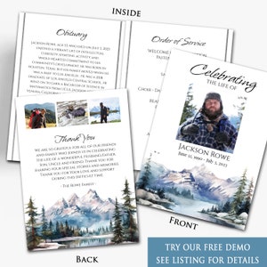Editable Mountain Outdoors Forest Hiker Photo Memorial Funeral Program ...