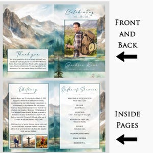 Editable Mountain Outdoors Forest Hiker Photo Memorial Funeral Program ...