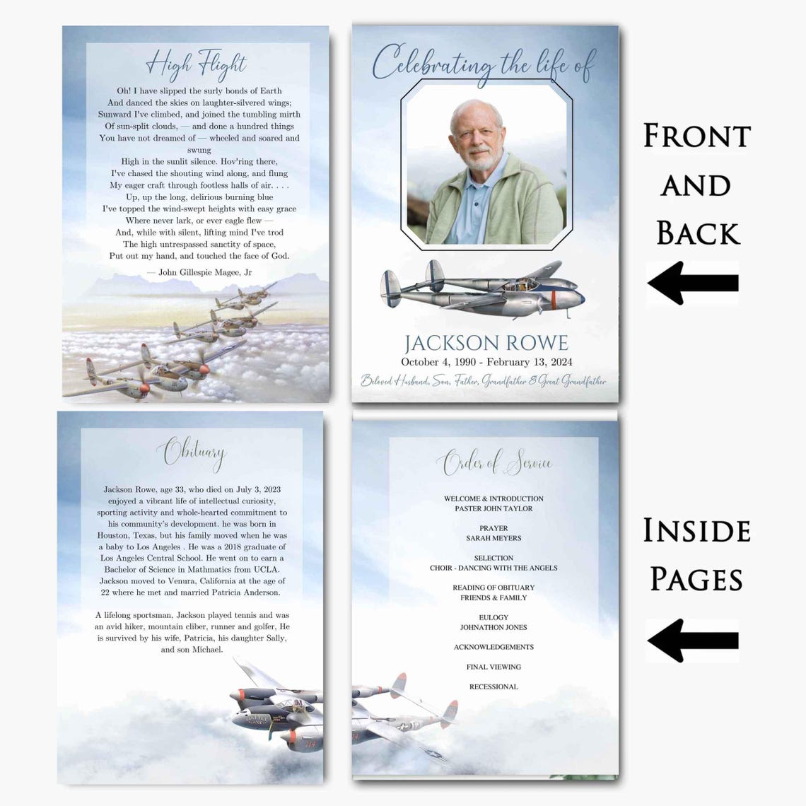 Editable Vintage Airplane Photo Memorial Funeral Program Template ...