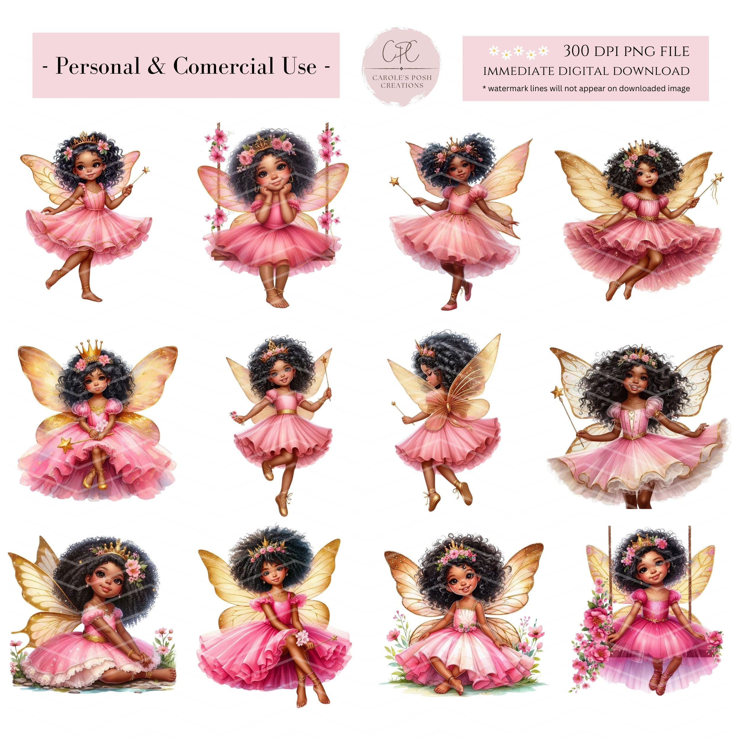 Pink Watercolor Fairy Garden Clipart, African American Fairy, Afro ...