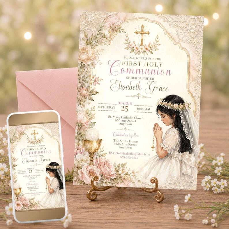 First Holy Communion Invitation | Catholic Girl Communion Invite ...