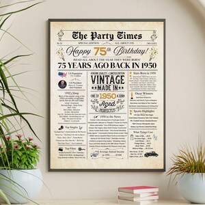 75th Birthday Newspaper Poster, Back in 1950 Facts for 75 Years Adult ...