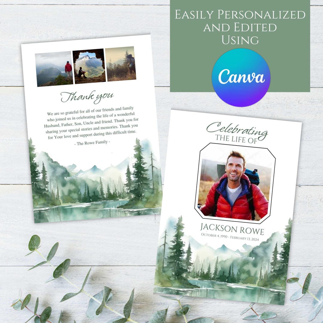 Editable Mountain Outdoors Forest Hiker Photo Memorial Funeral Program ...