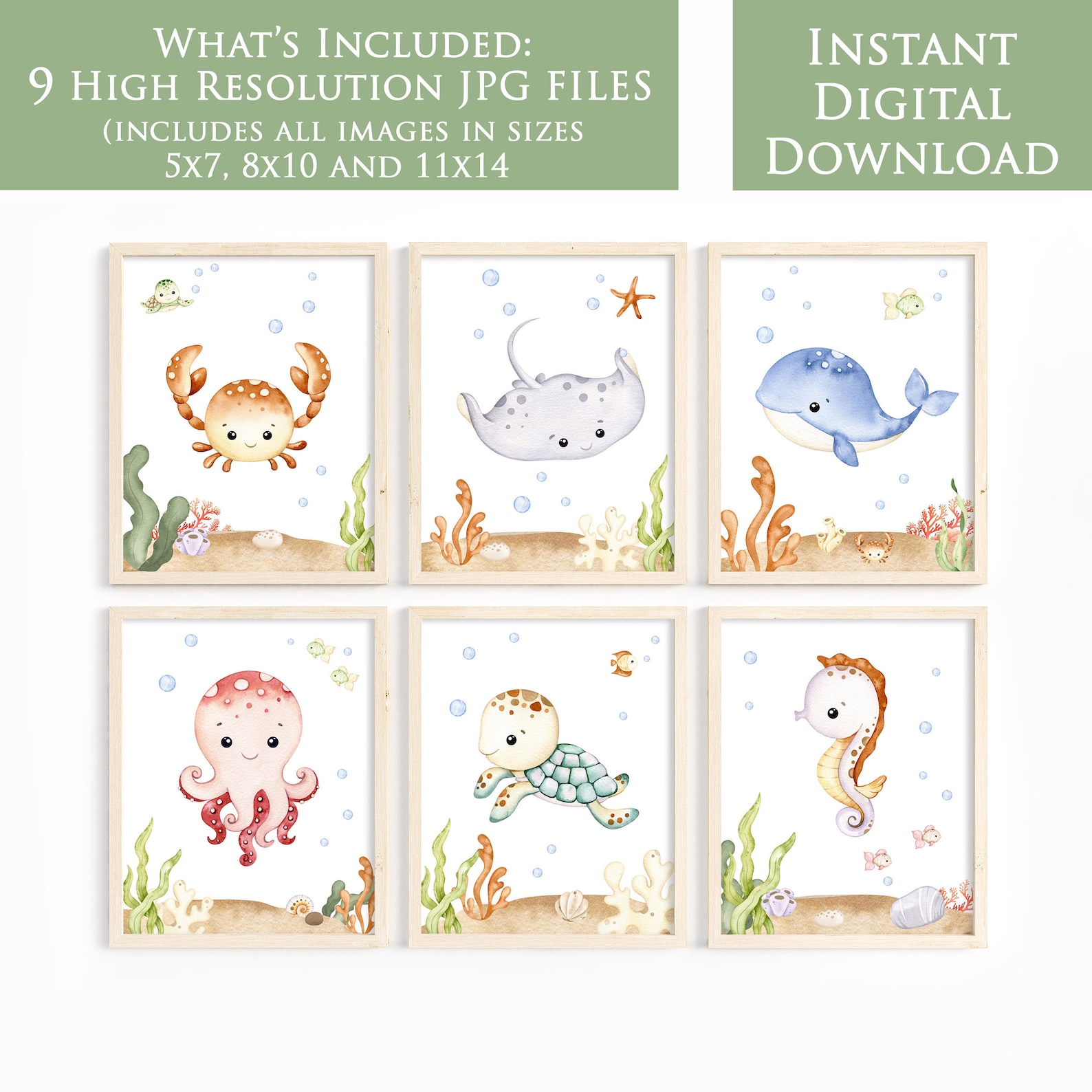 Under the Sea Watercolor Nursery Prints, Nautical Ocean Animal Wall Art ...