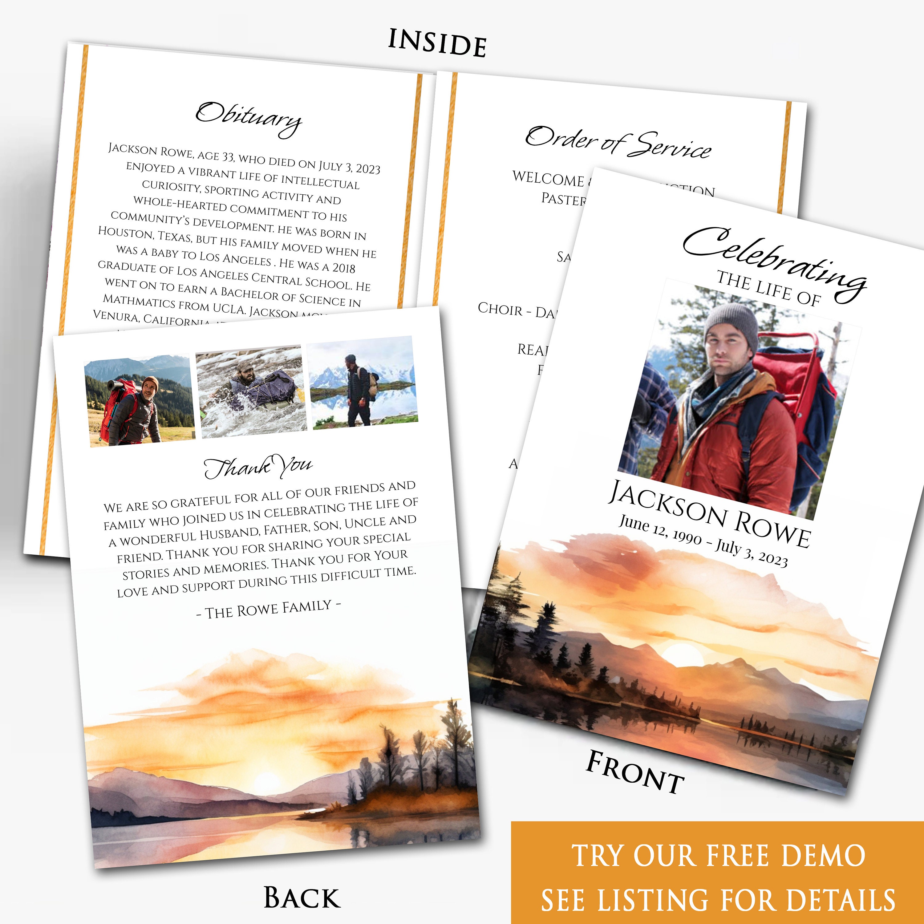 Editable Outdoors Sunset Mountain Forest Hiker Photo Memorial Funeral ...