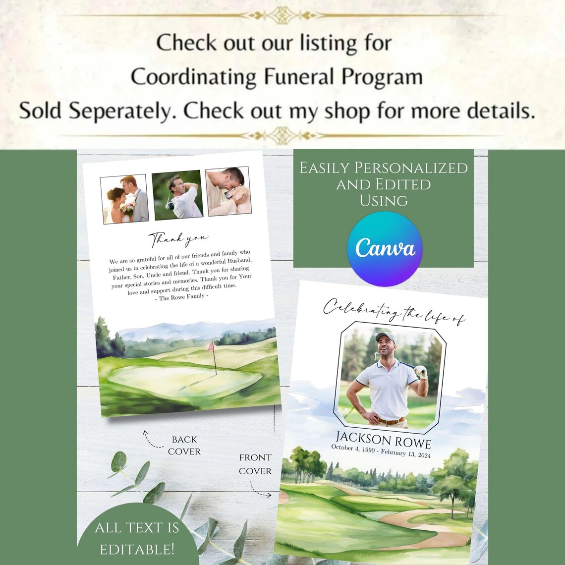 Editable Golf Golfer Outdoors Photo Memorial Funeral Prayer Card ...