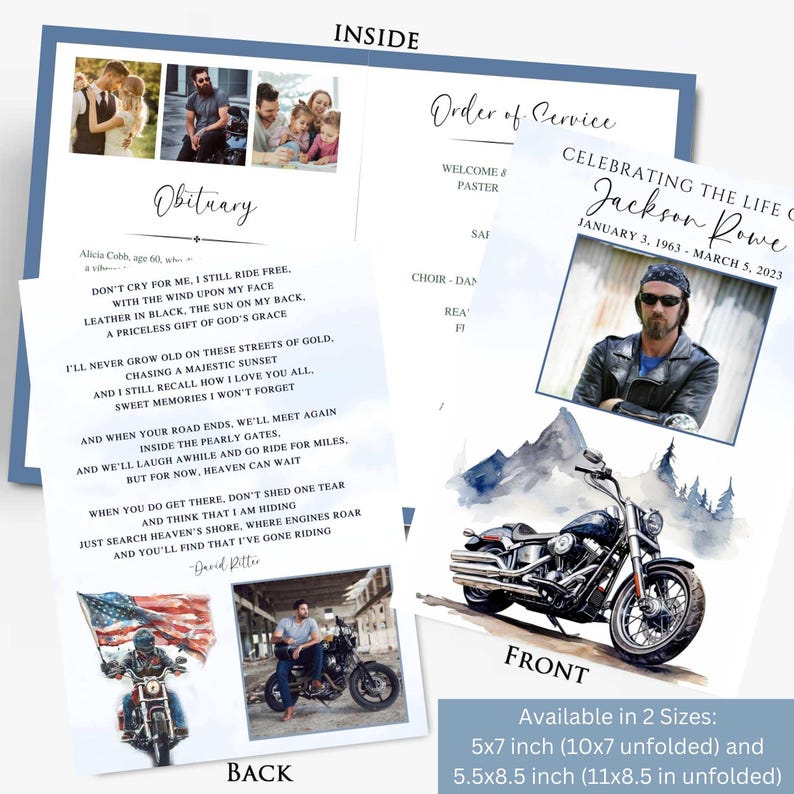 Editable Motorcycle Biker Photo Memorial Funeral Program Template ...