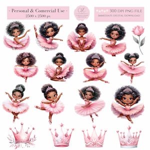 Pink Watercolor Princess Ballerina Clipart, African American Ballerina ...