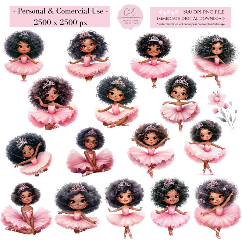 Pink Watercolor Princess Ballerina Clipart, African American Ballerina ...