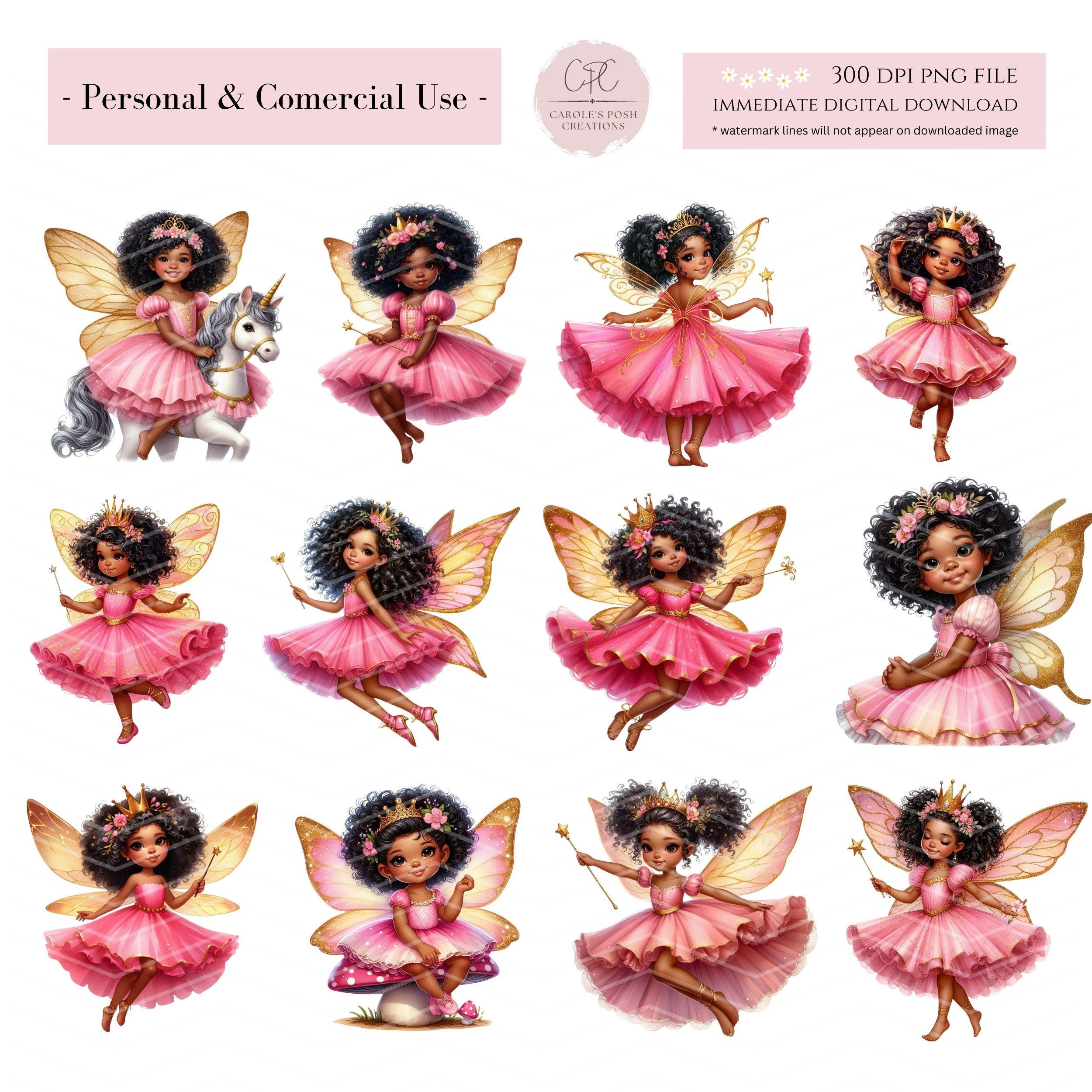 Pink Watercolor Fairy Garden Clipart, African American Fairy, Afro ...