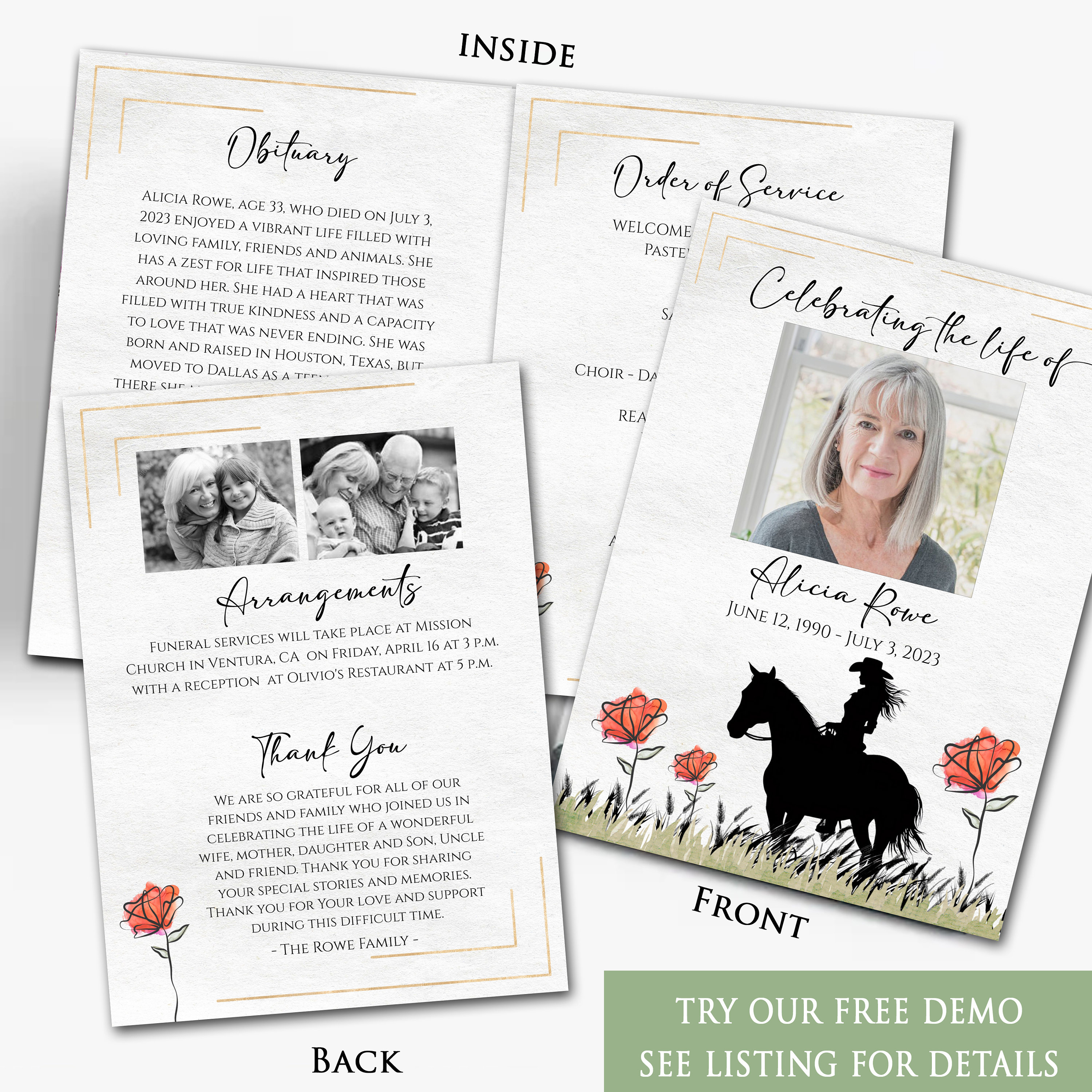 Editable Cowgirl Western Outdoors Horse Photo Memorial Funeral Program ...
