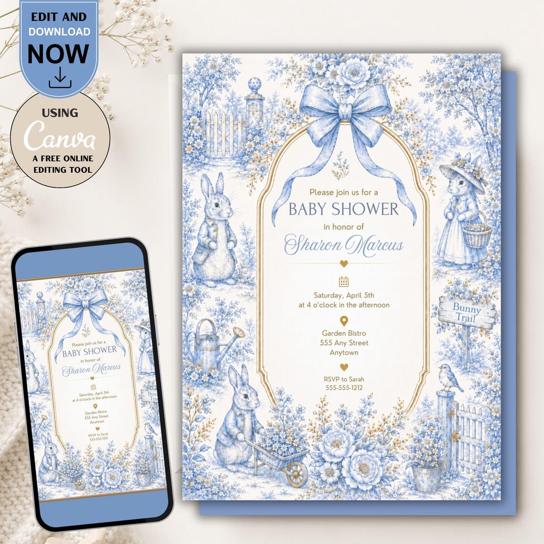 Sweetest Vintage Bunny Baby Shower Invitation Template, Vintage Blue ...
