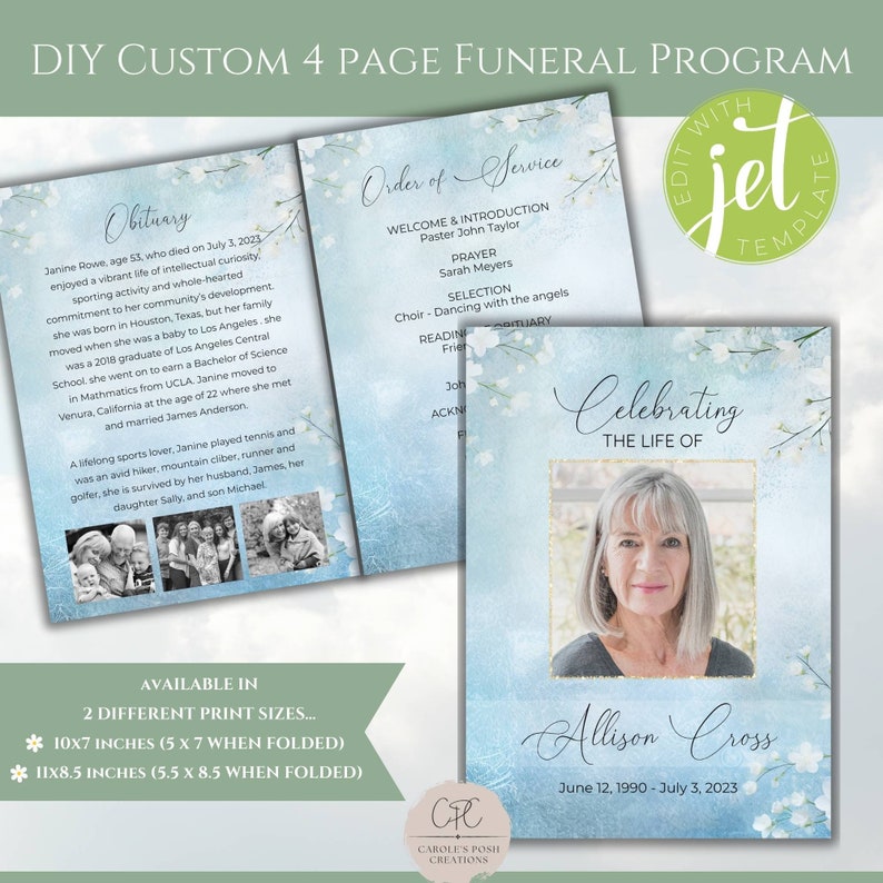 4-page Funeral Program Template, Editable Celebration of Life, Obituary ...