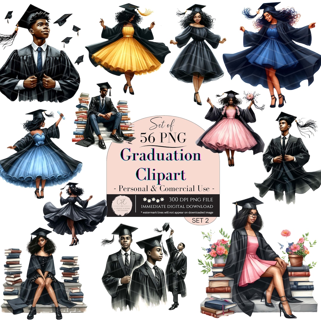 Watercolor Graduation Boy Girl Clipart, African American Graduation PNG ...
