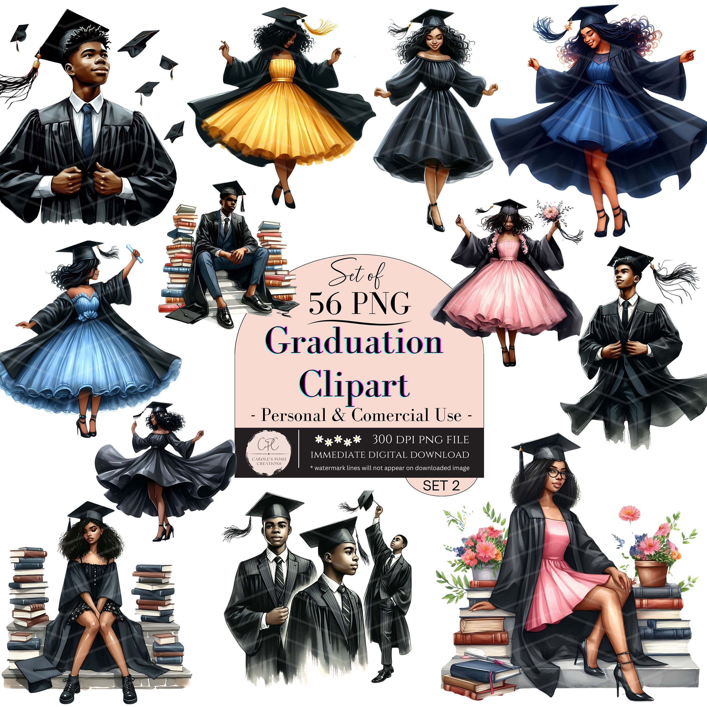 Watercolor Graduation Boy Girl Clipart, African American Graduation PNG ...