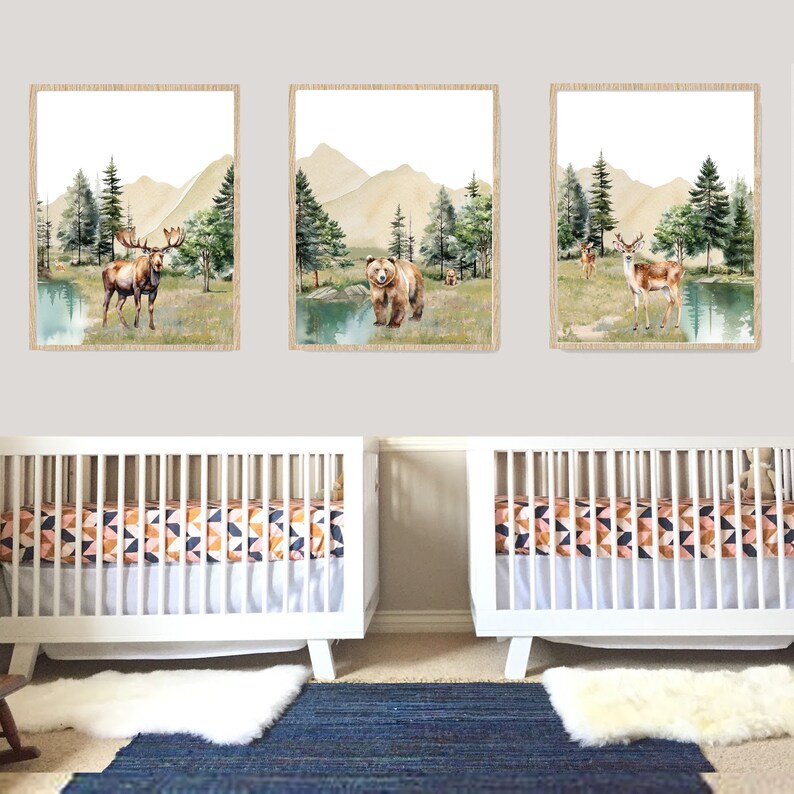 Forest Animal Watercolor Prints Nursery Wall Art, Bear Deer Moose Woods ...