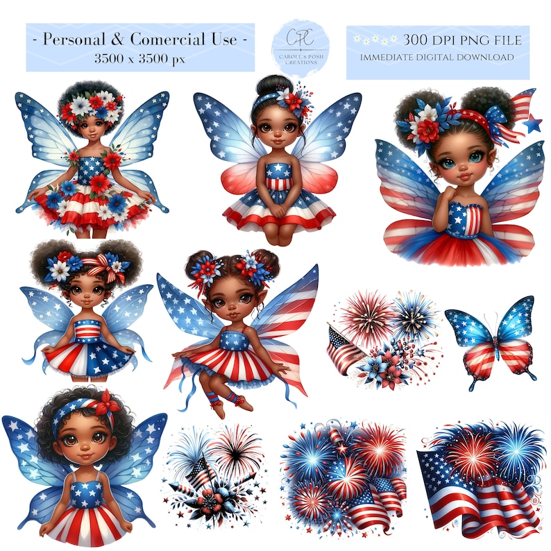 African American Patriotic Watercolor Fairy Clipart, July 4th Fairies ...