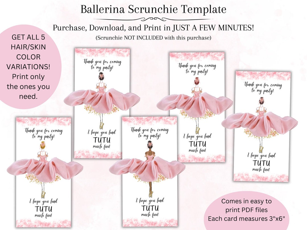 Ballerina Scrunchie Card Template, Ballet Dancer Party Favor, Princess ...