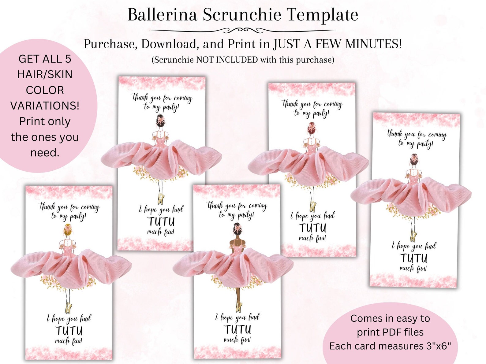 Ballerina Scrunchie Card Template, Ballet Dancer Party Favor, Princess ...
