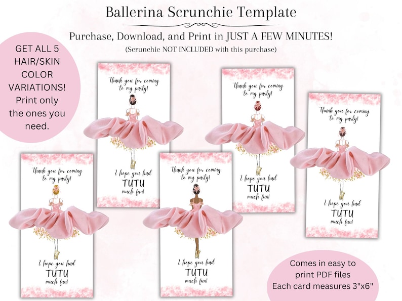 Ballerina Scrunchie Card Template, Ballet Dancer Party Favor, Princess ...