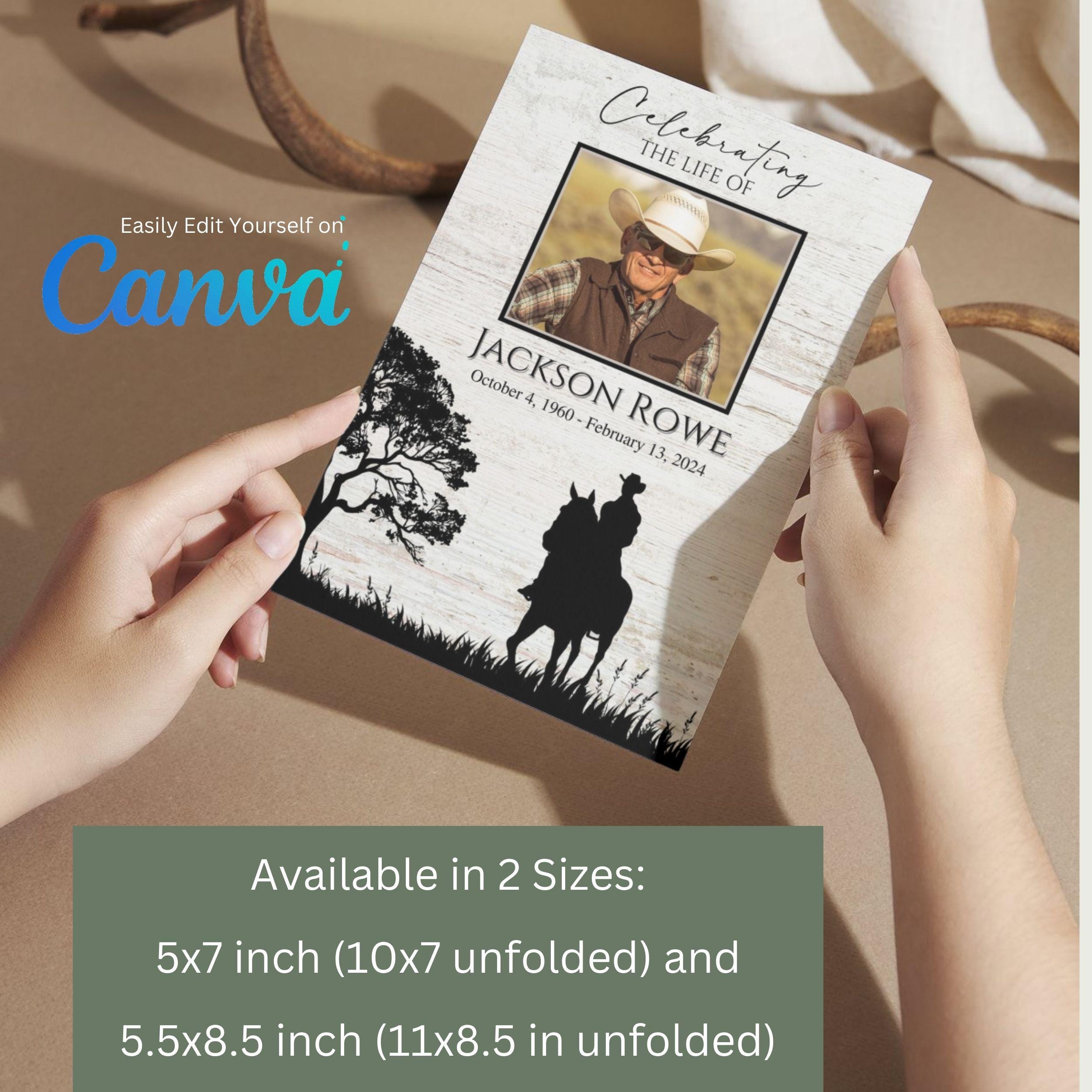 Editable Cowboy Western Outdoors Rustic Photo Memorial Funeral Program ...