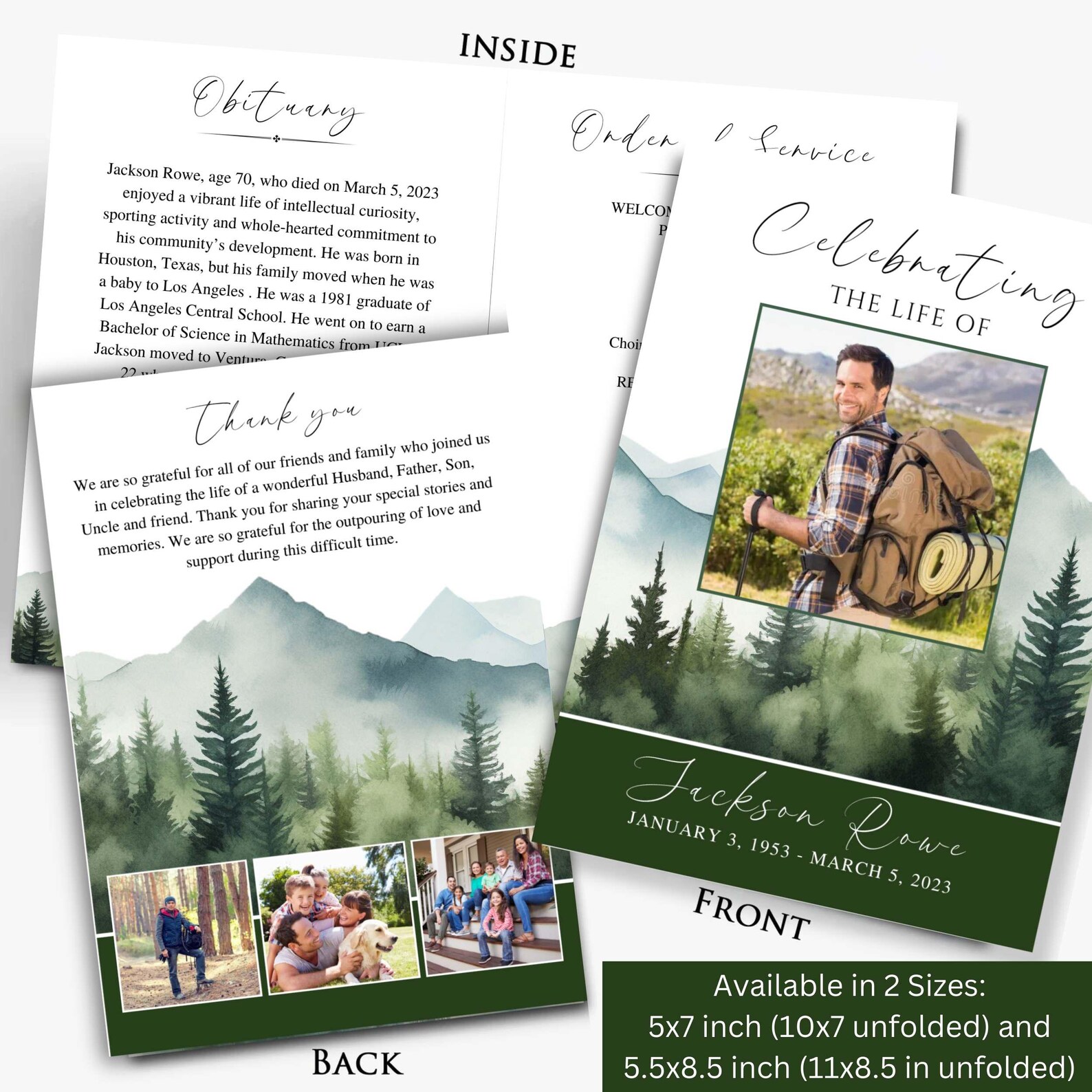Editable Mountain Outdoors Forest Hiker Photo Memorial Funeral Program ...