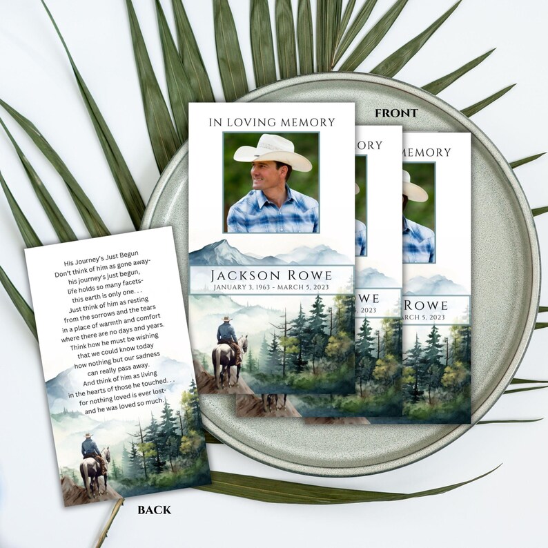 Editable Cowboy Mountain Outdoors Photo Memorial Funeral Prayer Card ...