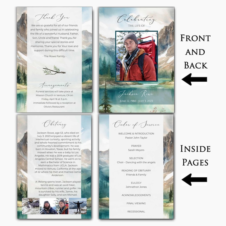 Editable Mountain Outdoors Forest Hiker Photo Memorial Funeral Program ...