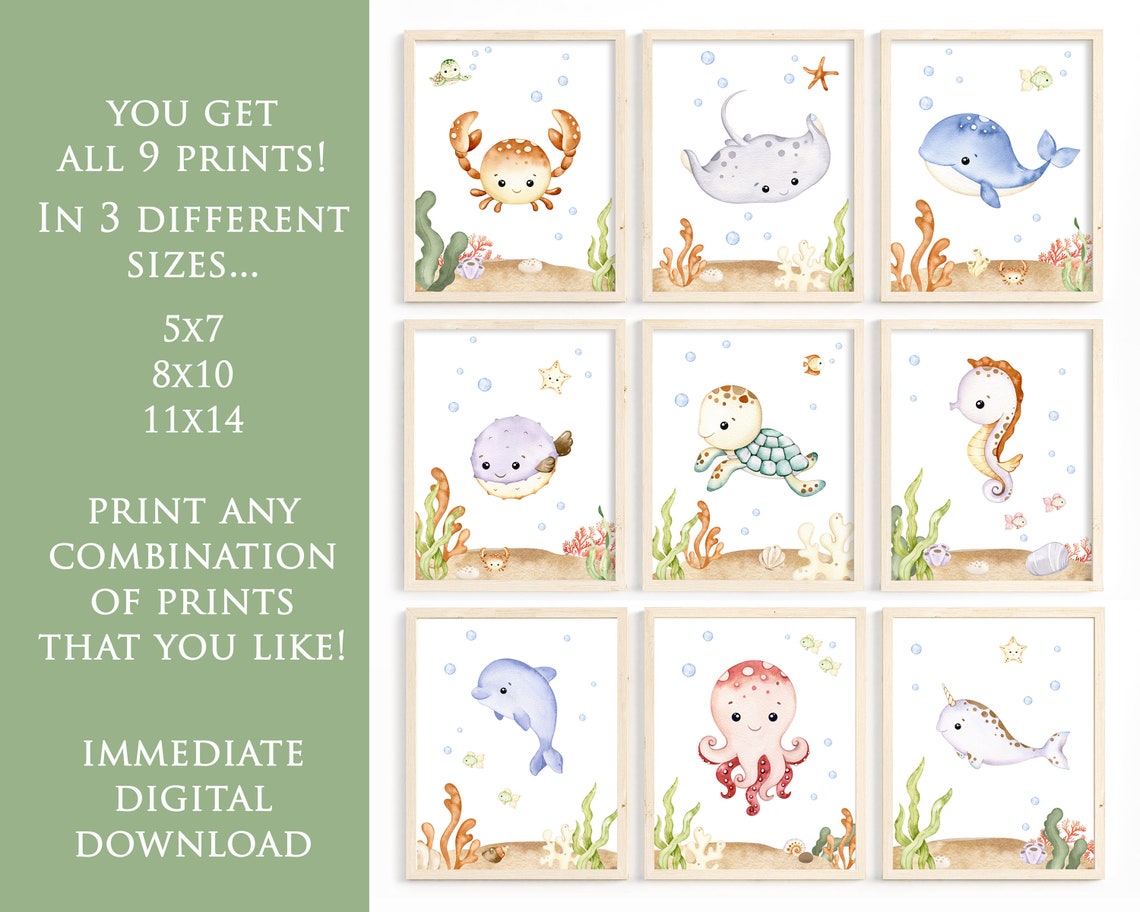 Under the Sea Watercolor Nursery Prints, Nautical Ocean Animal Wall Art ...