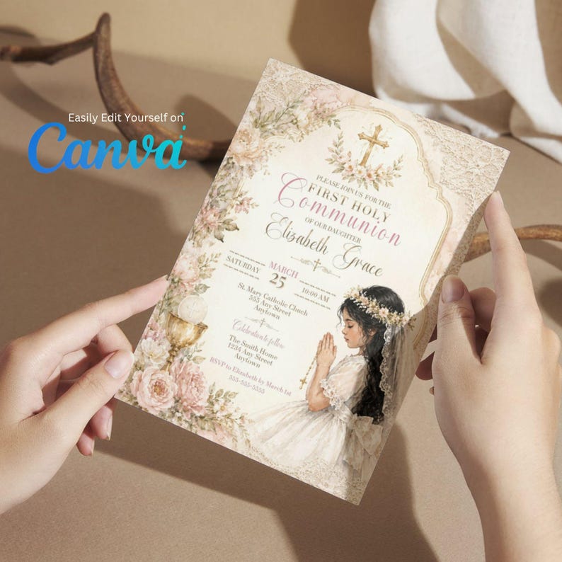 First Holy Communion Invitation | Catholic Girl Communion Invite ...