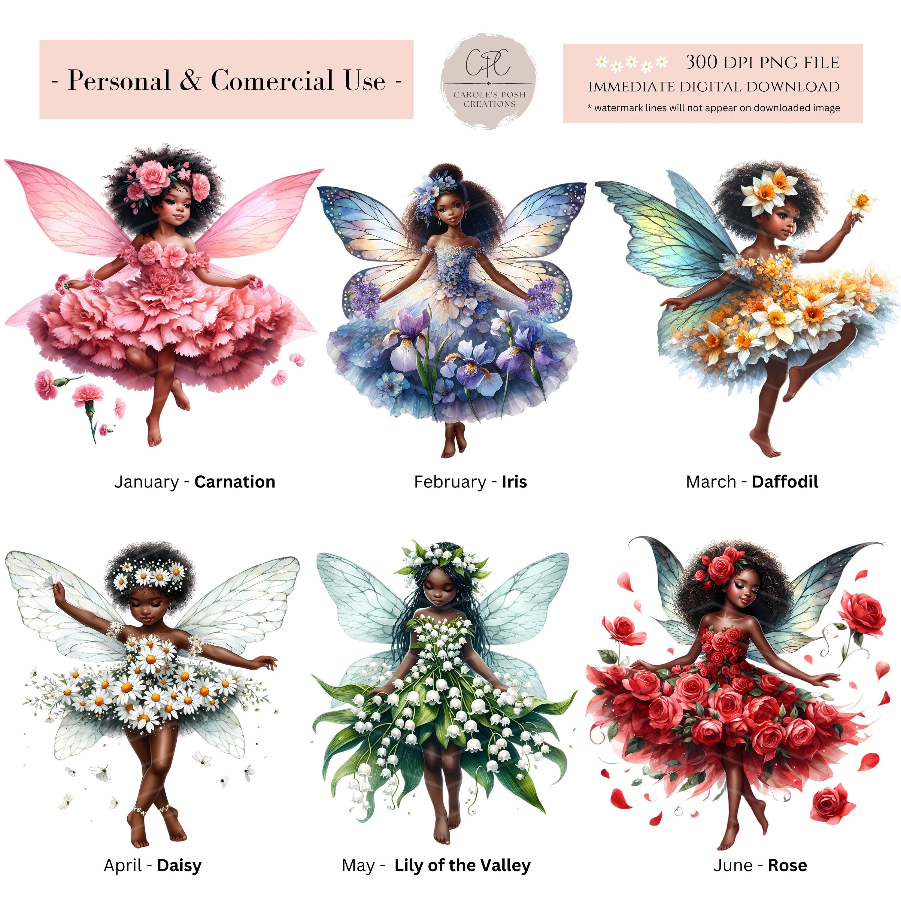 Beautiful Black Birth Month Fairy Clipart, Floral Fairy Clip Art, Birth ...