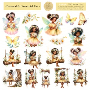 Yellow Daisy Watercolor Fairy Garden Clipart, African American Fairy ...