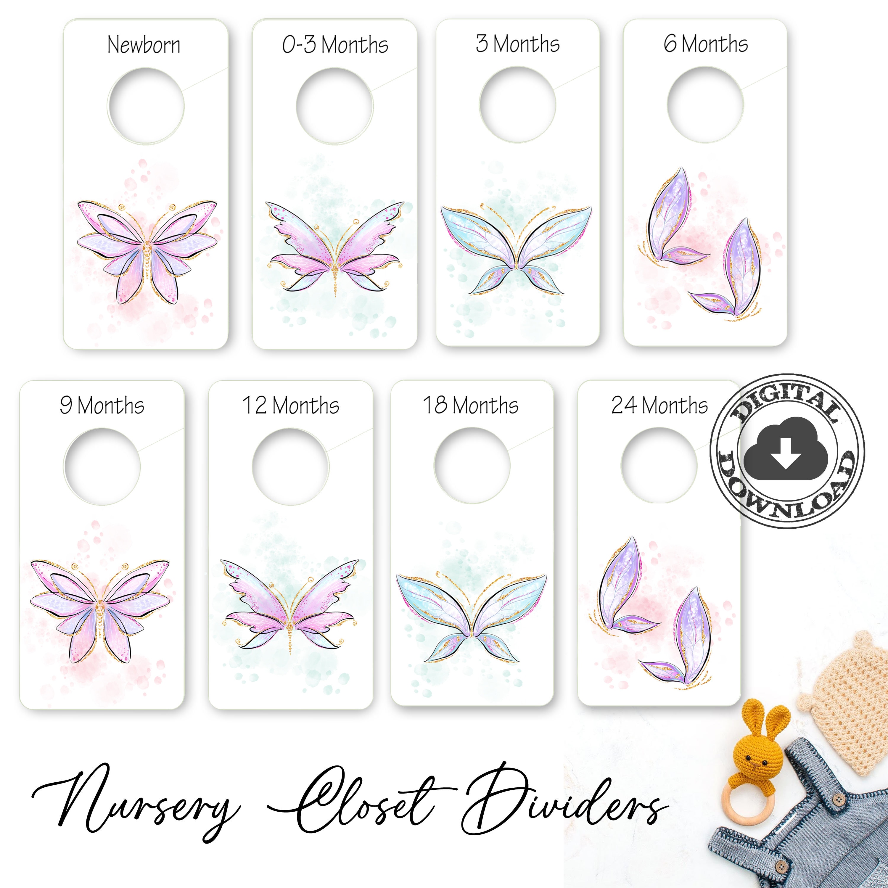 Gold Glitter Butterflies Nursery Closet Dividers, Printable Closet ...