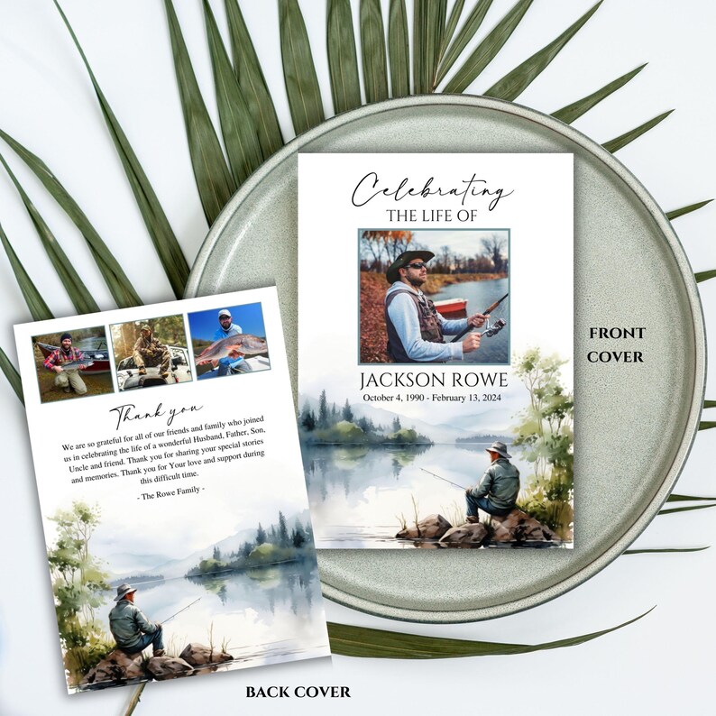 Editable Fishing Mountain Outdoors Fisherman Photo Memorial Funeral ...