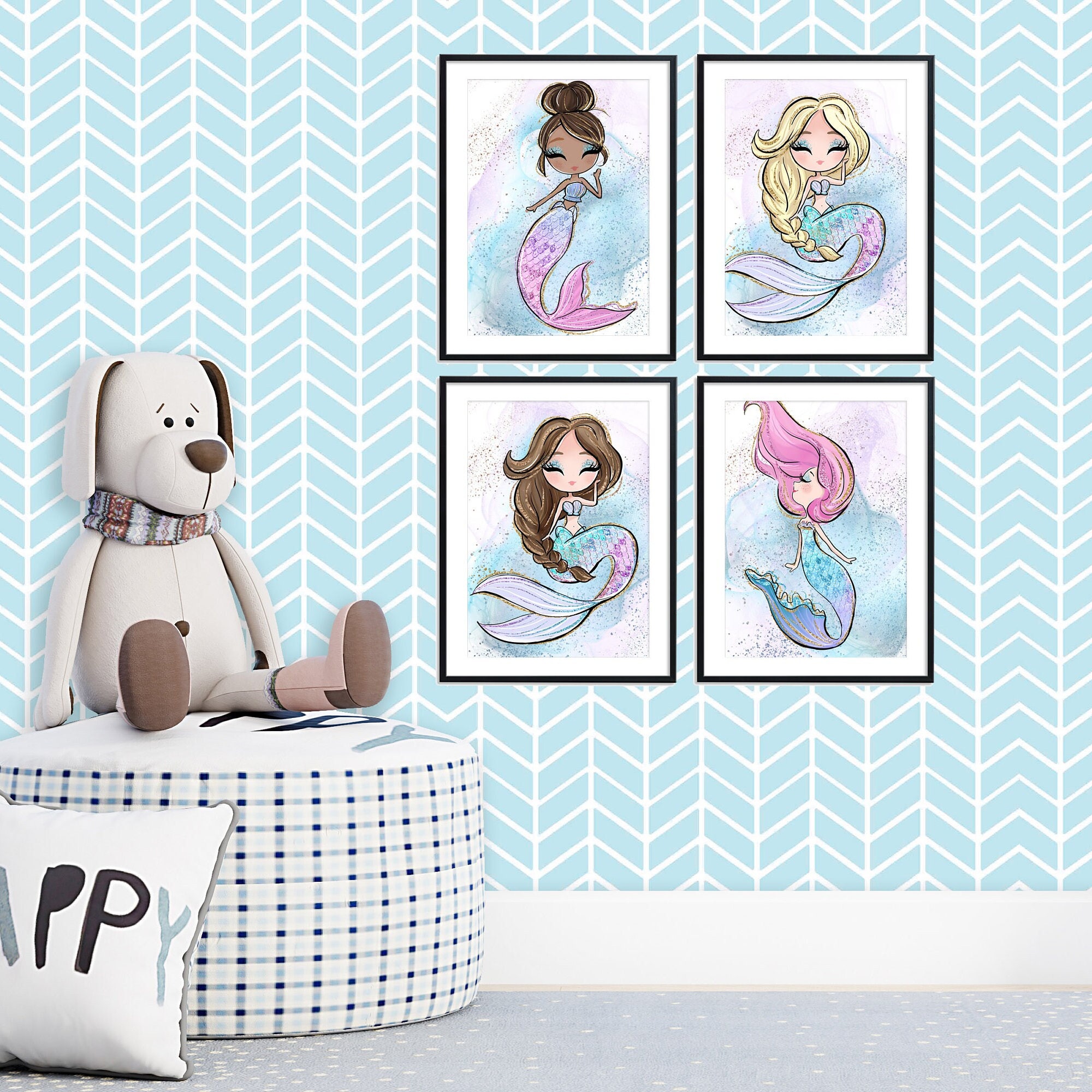 Black Mermaid Wall Art, Girls Room Wall Decor, Mermaid Nursery Art ...