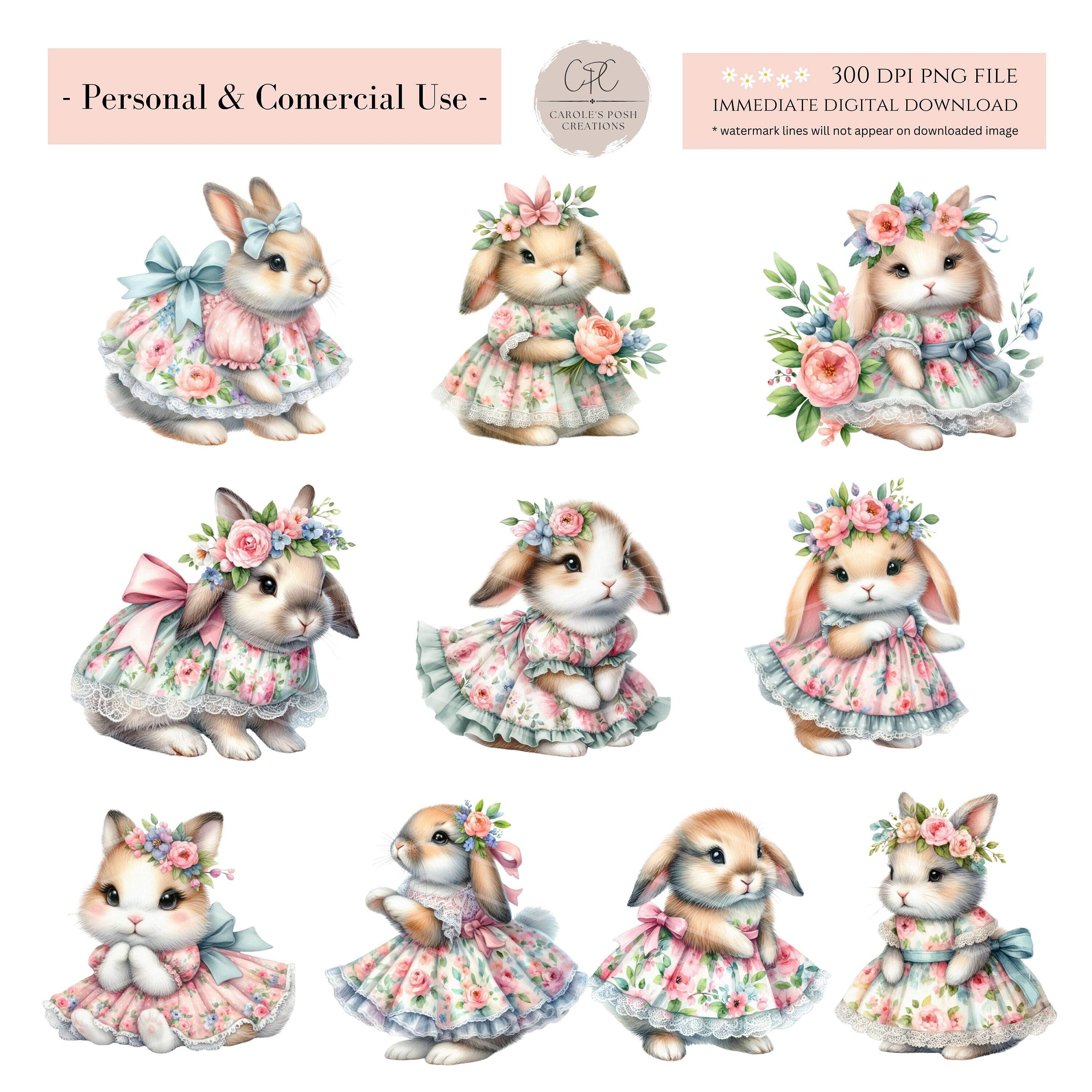 Watercolor Bunny Rabbit Clipart, Bunnies in Dresses Clipart, Cute Bunny ...