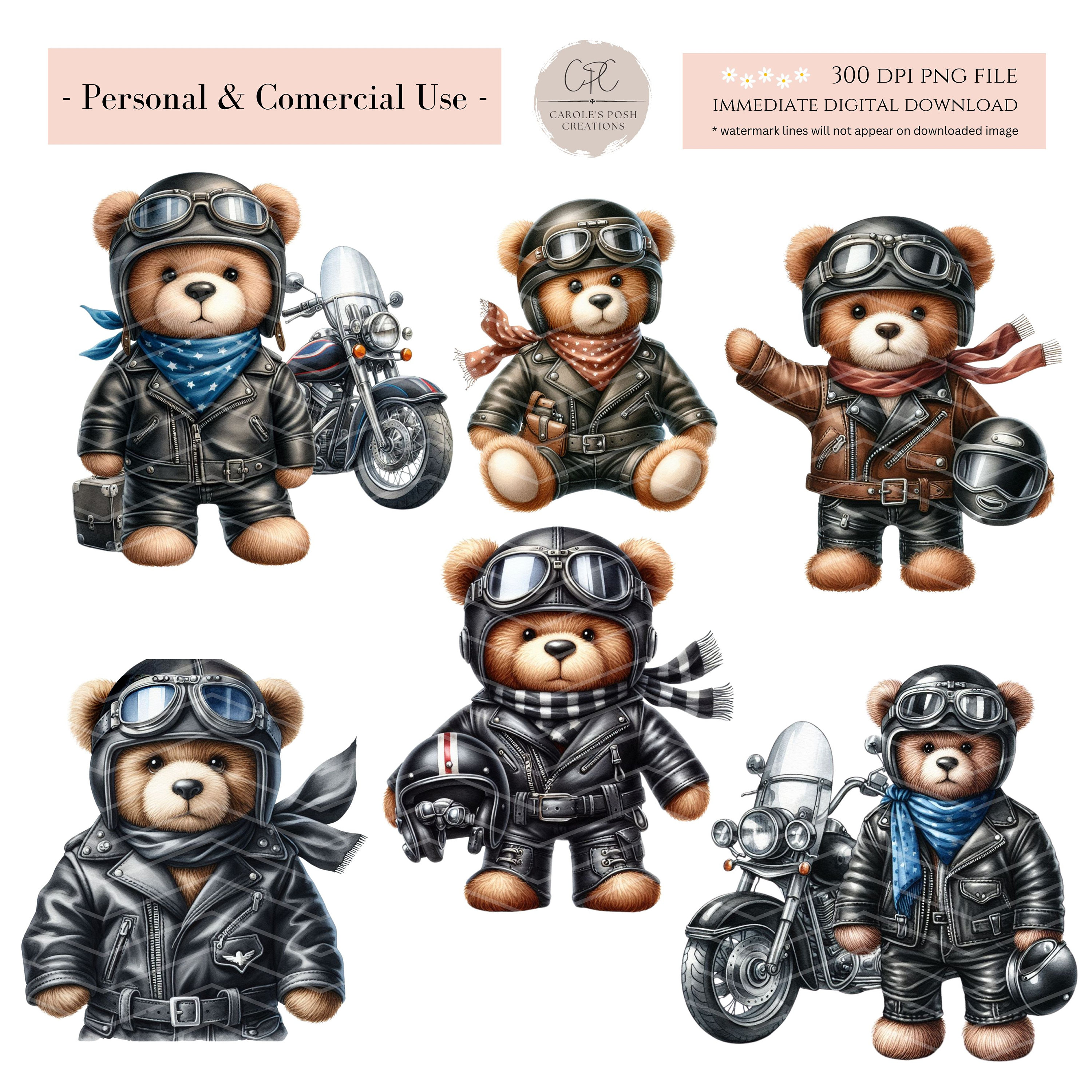 Watercolor Biker Bear Clipart, Teddy Bears With Motorcycles Clipart ...