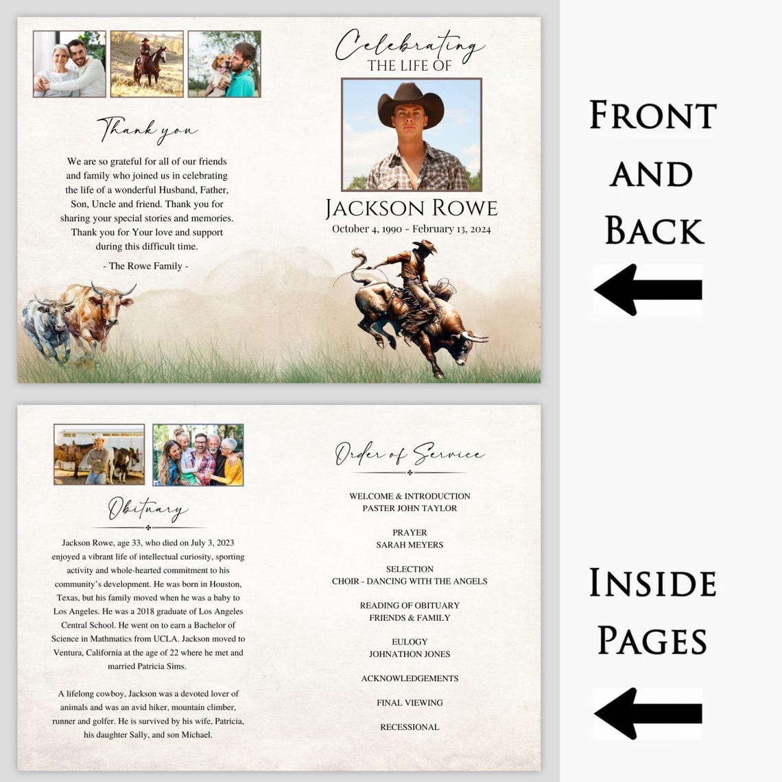 Editable Bull Riding Cowboy Western Photo Funeral Program Template ...