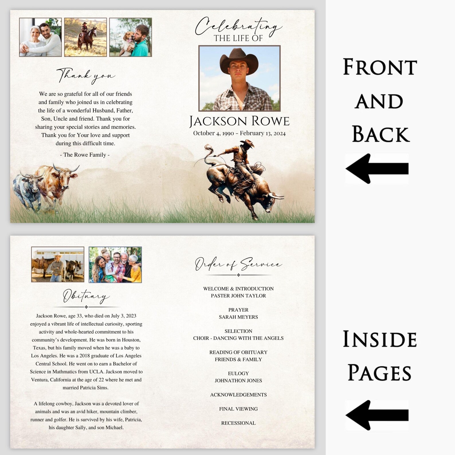 Editable Bull Riding Cowboy Western Photo Funeral Program Template ...