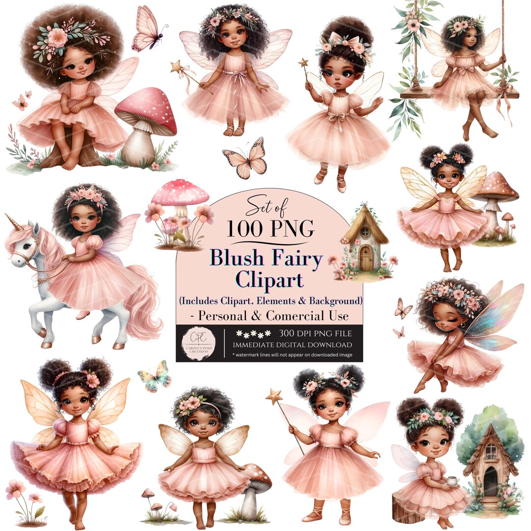 Blush Pink Watercolor Fairy Garden Clipart, African American Fairy ...