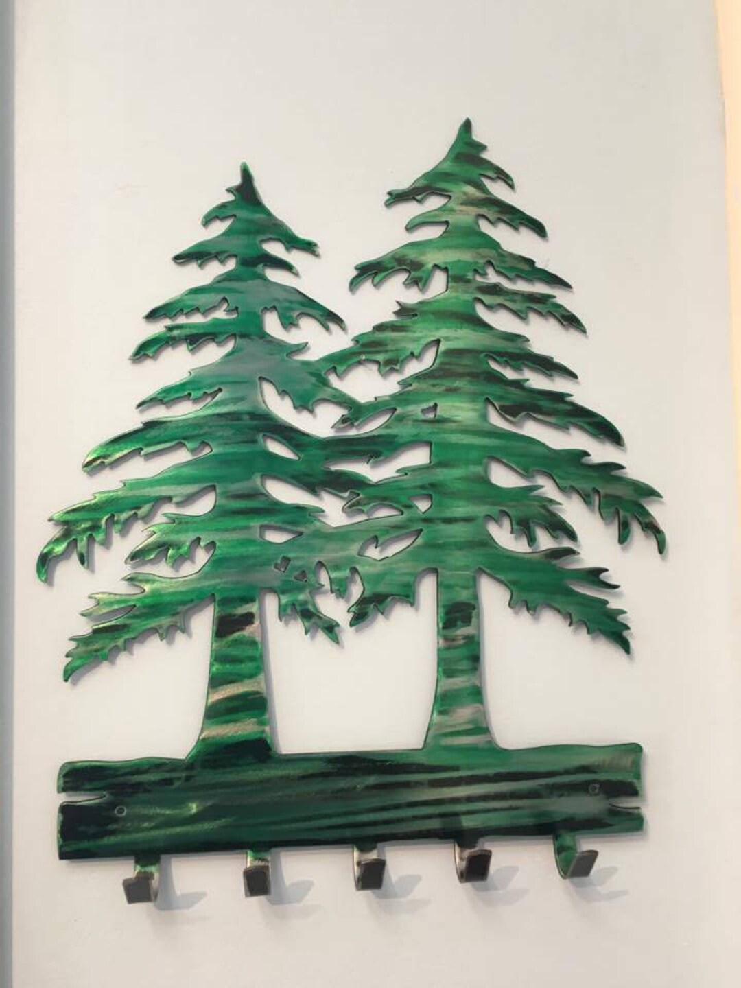 Double Fir Tree. 5 Hooks. Green. Metal. Cabin. Rustic. Decor. Hook ...