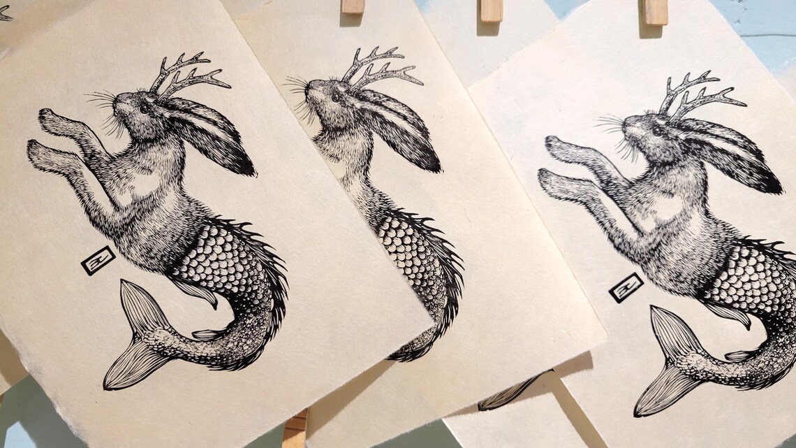 Mythical Creature Linocut Print: "jack-a-mer (mer-o-lope)" - Etsy