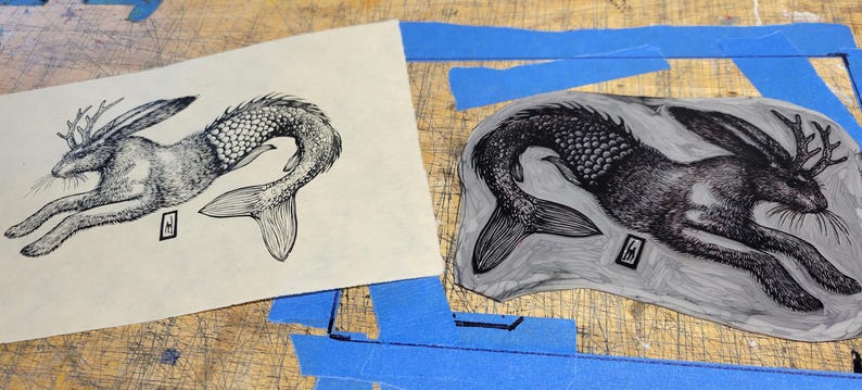 Mythical Creature Linocut Print: "jack-a-mer (mer-o-lope)" - Etsy