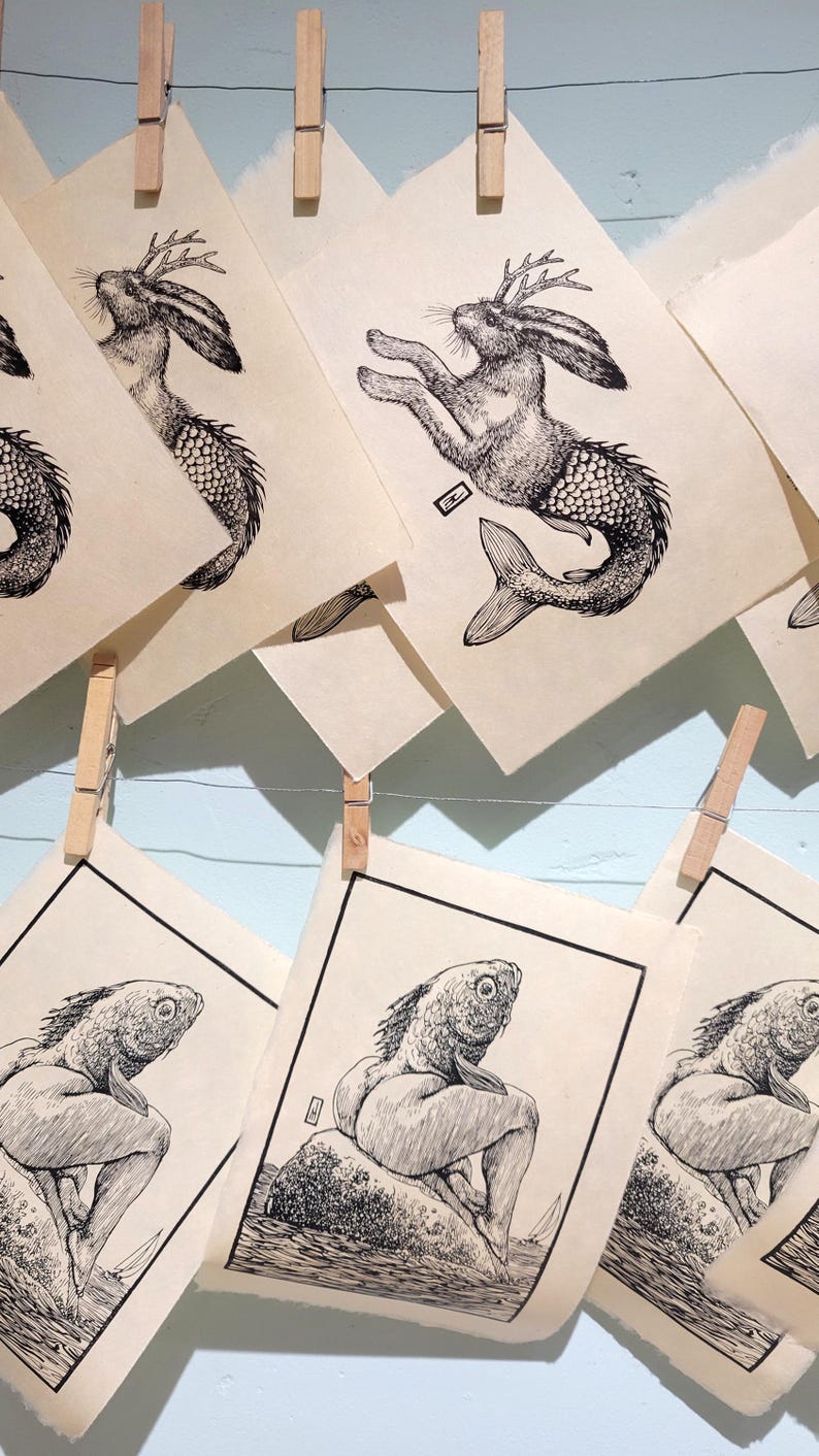 Mythical Creature Linocut Print: "jack-a-mer (mer-o-lope)" - Etsy