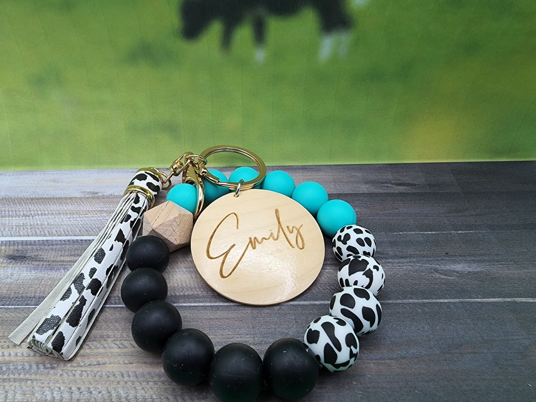 Personalized Monogram Cow Print Beaded Wristlet Keychain - Etsy
