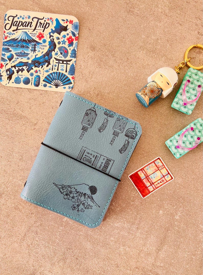 Travel Notebook "trip to Japan" in Real Blue Leather, Passport Size - Etsy
