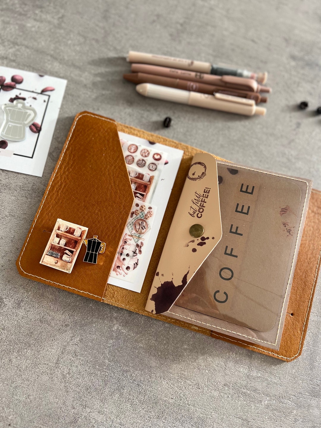 Coffee Theme Stationery Case, Clear PVC Leather Travel Notebook Sleeve ...