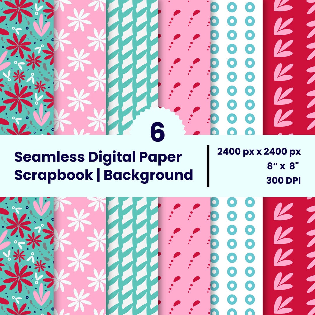 Floral and Geometric Seamless Patterns: Pink and Teal Digital Paper for ...