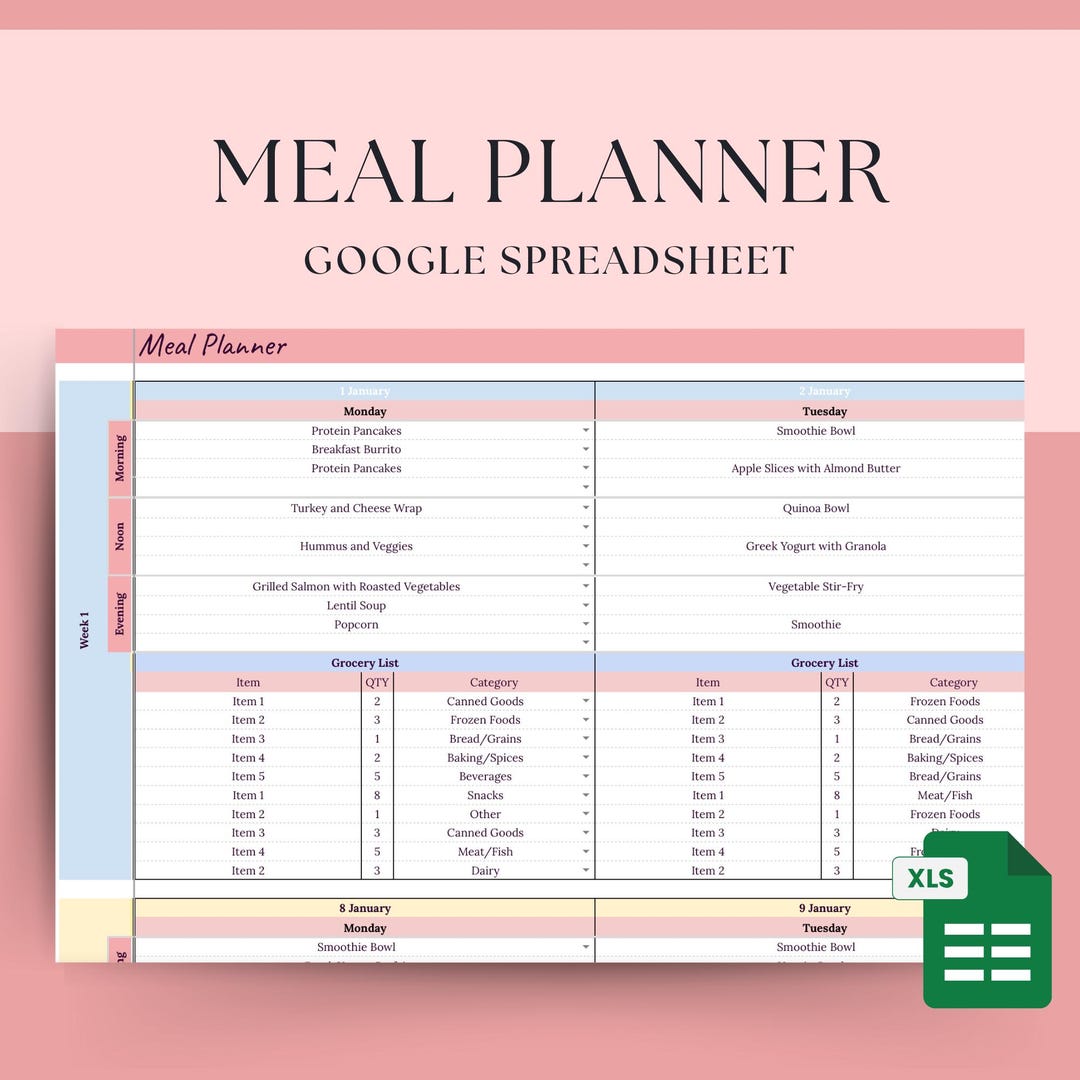 Meal Planner Google Sheets, Monthly, Weekly, Grocery List, Excel ...